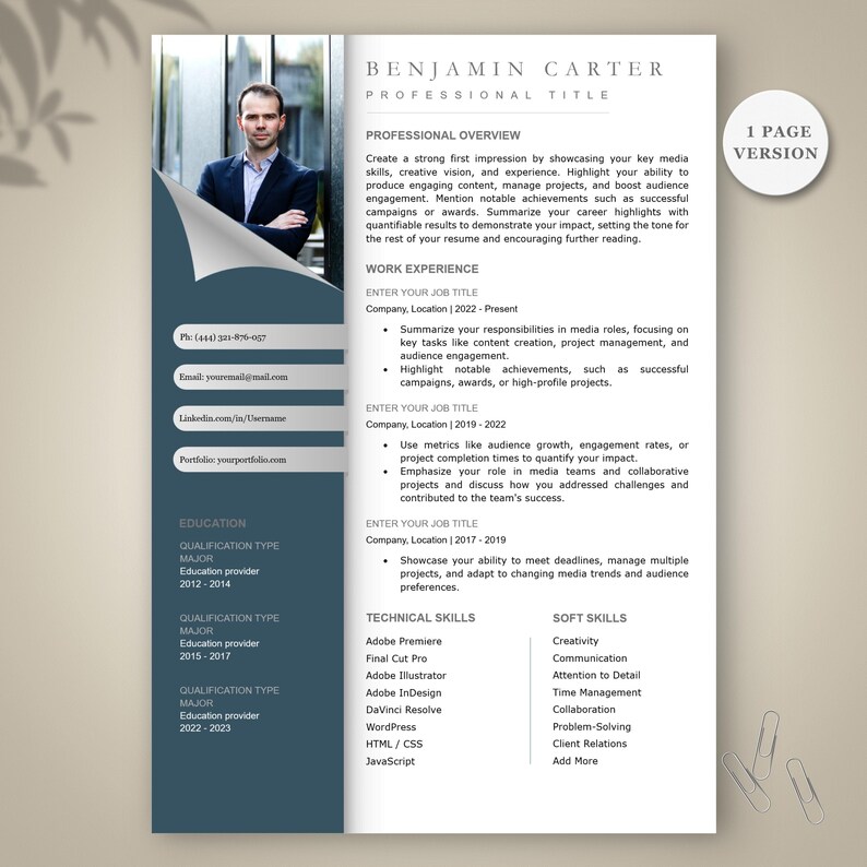 Resume Template, Professional Resume With Photo, Visual Resume ...