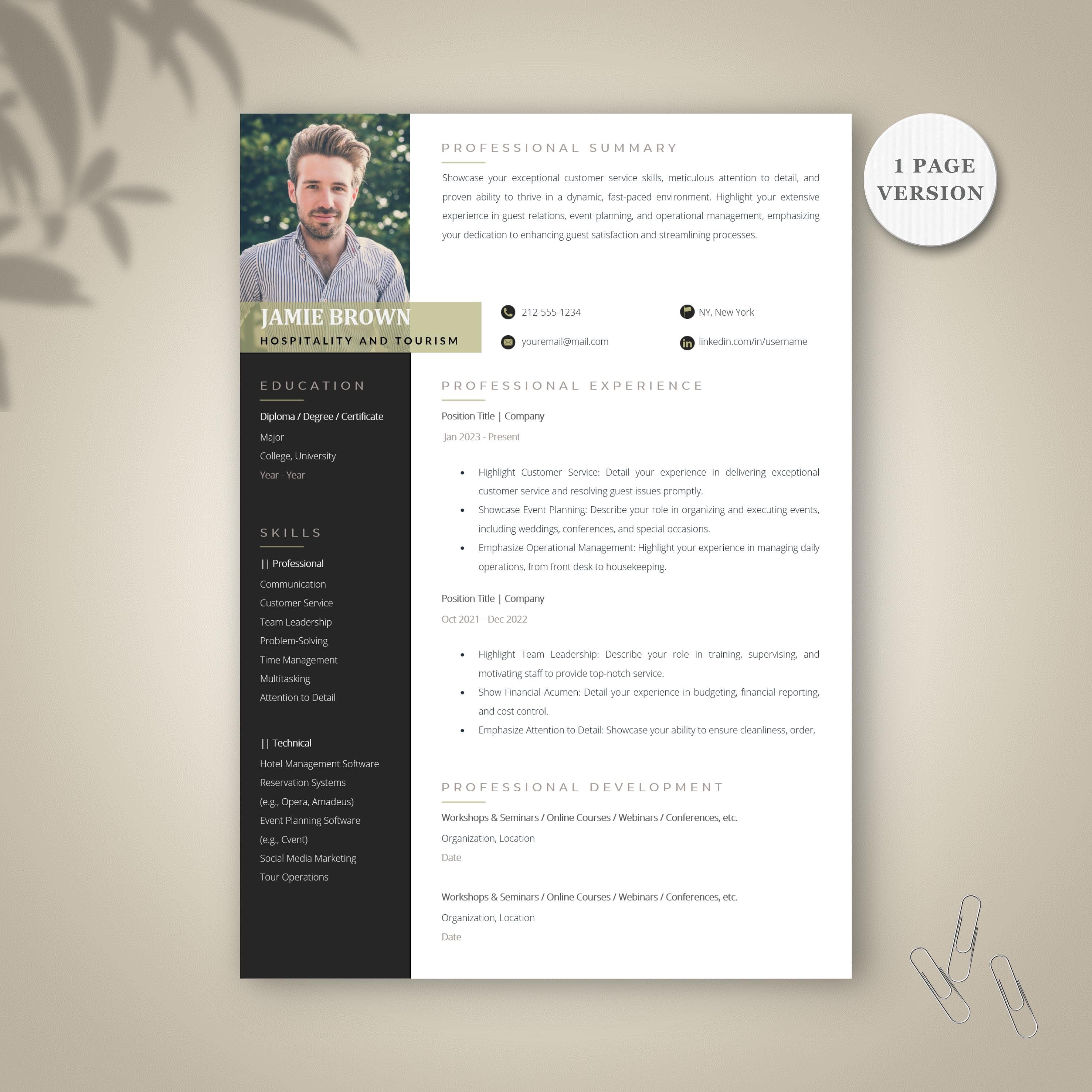 Hospitality Resume Template With Photo for Word, 1-3 Pages, Tourism ...