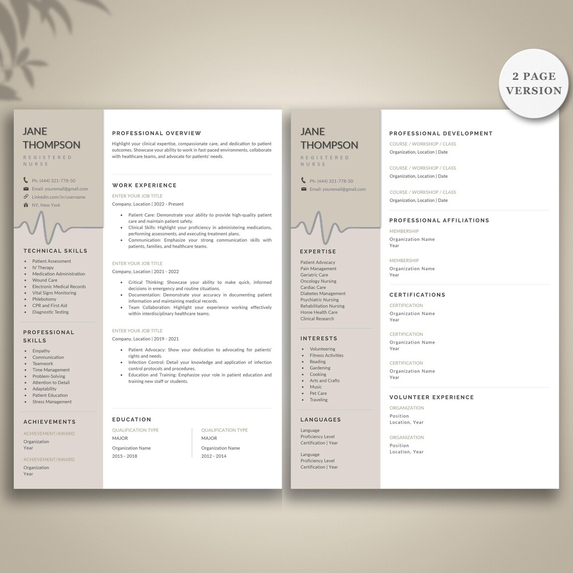 New Grad Nurse Resume Template for Word, Editable Registered Nurse CV ...