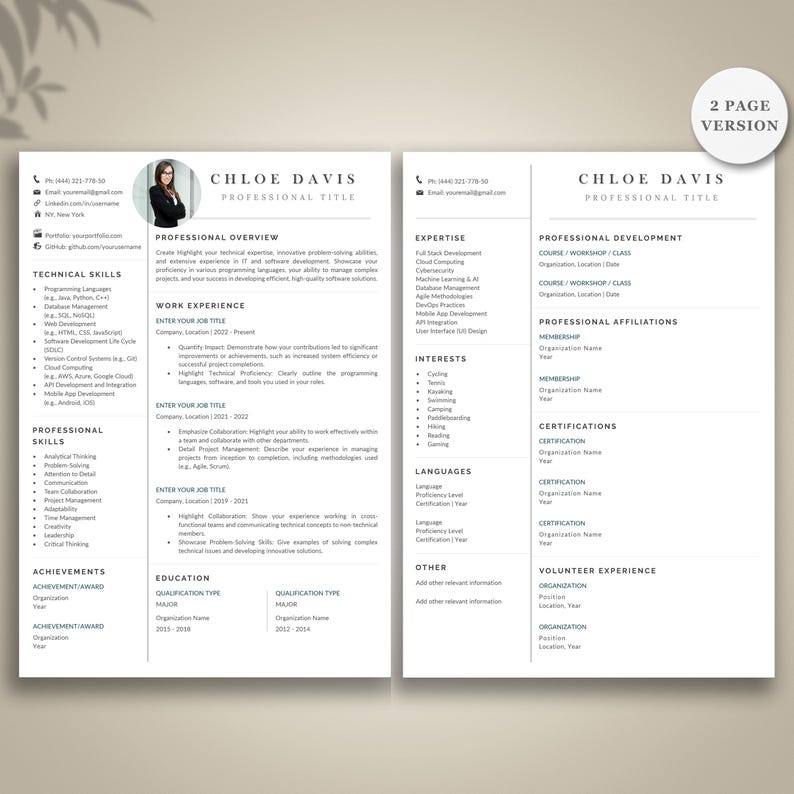 Minimalist IT Resume Template for Word, 1-2 Page Editable CV for ...