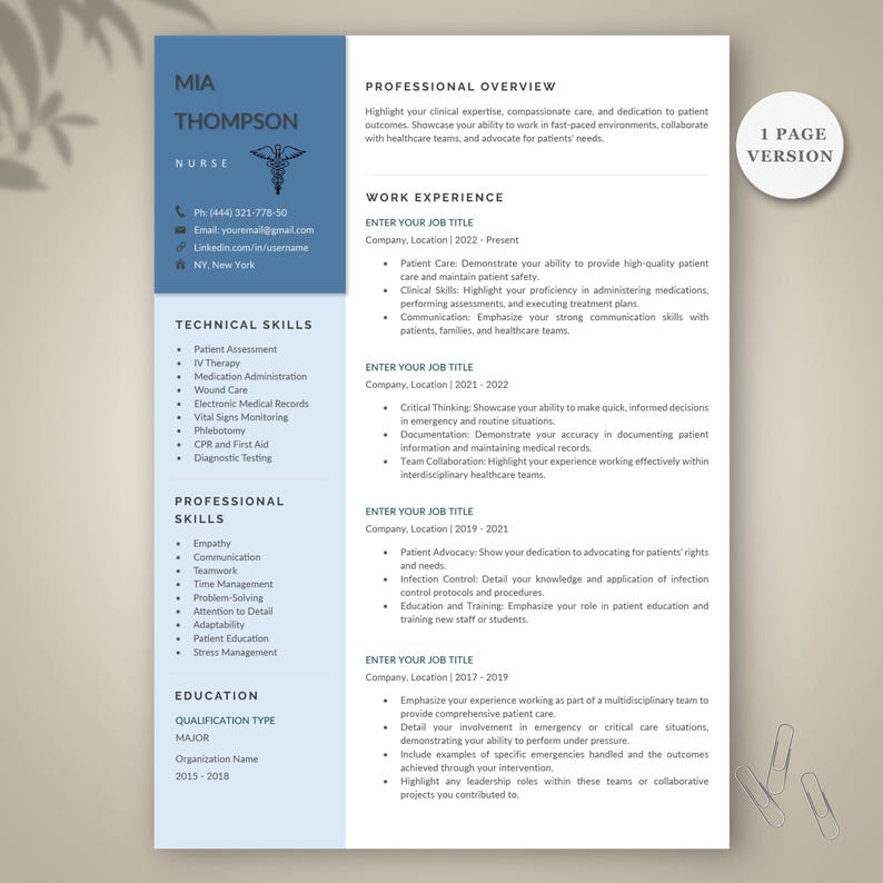 Nursing Resume Template & Cover Letter for Word, RN CV, Registered ...