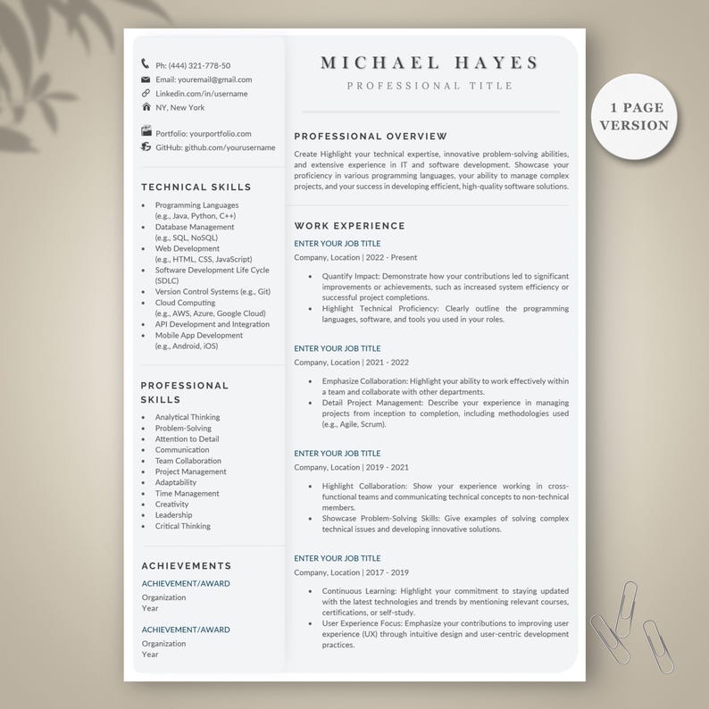 IT Resume Word Template, Editable 1-2 Page CV for Software Developers ...
