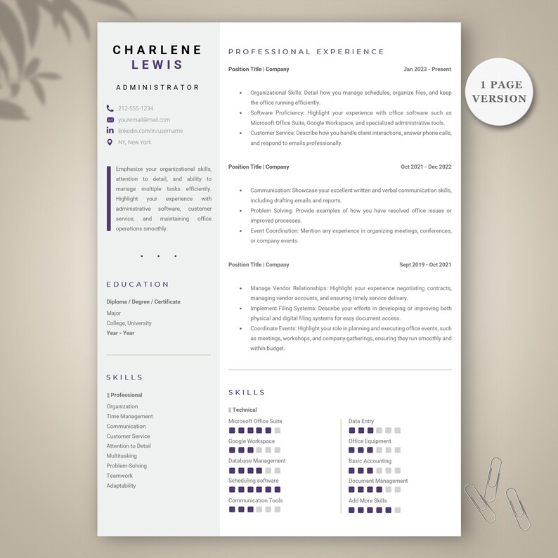 Executive Assistant Resume Template for Word, 1 & 3 Page CV With Cover ...