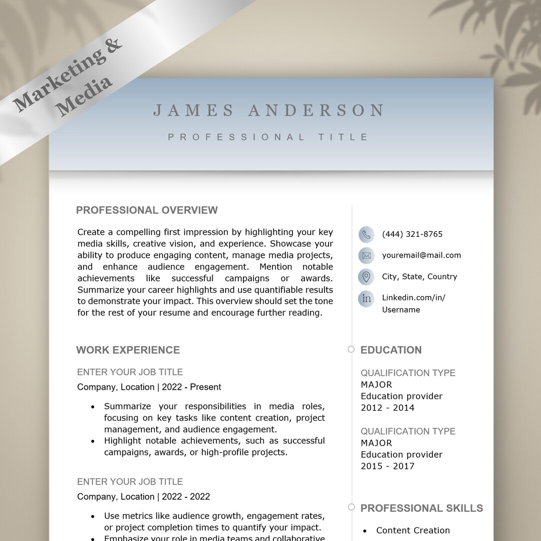 Media Resume Template, 1 to 3 Page Minimalist CV Designs, Clean Modern ...