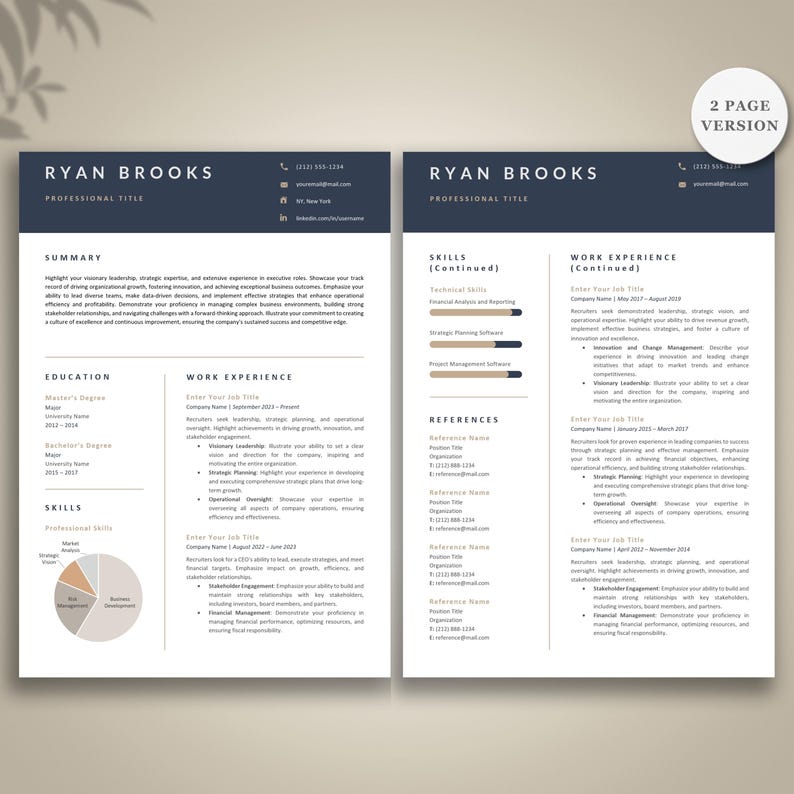 1-3 Page CEO Resume, CV Template for Word, Customizable CV, Executive ...