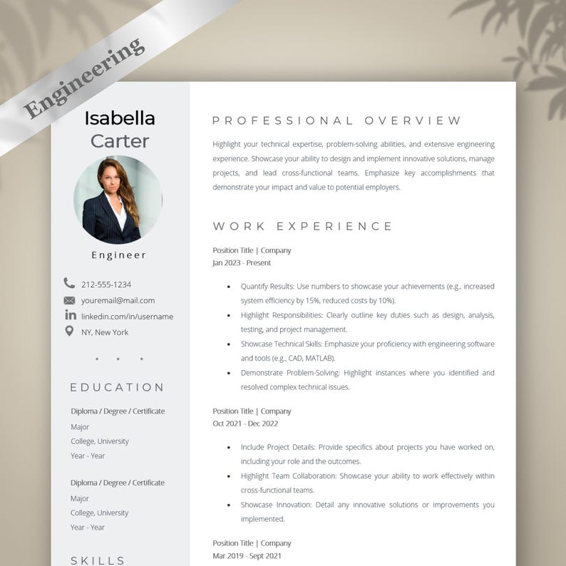 Engineering Resume Template With Photo, Cover Letter & References for ...