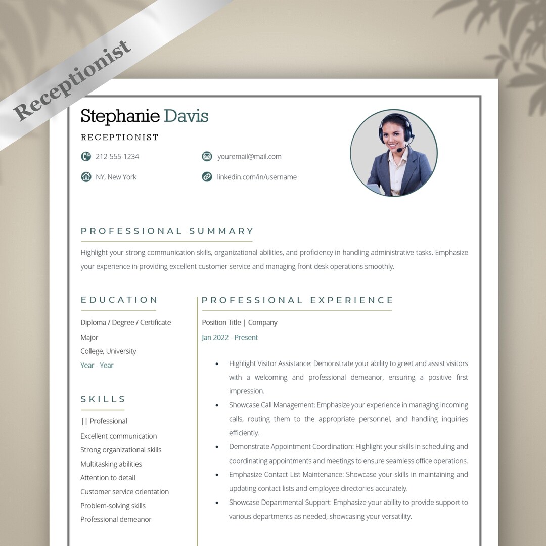 Receptionist Secretary Resume Template for Word, 1-2 Page Editable CV ...
