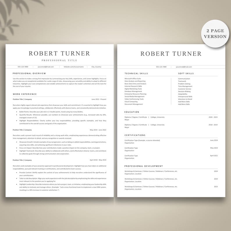 Modern ATS Compliant Resume Template, 2 Page Simplified Design for Word ...