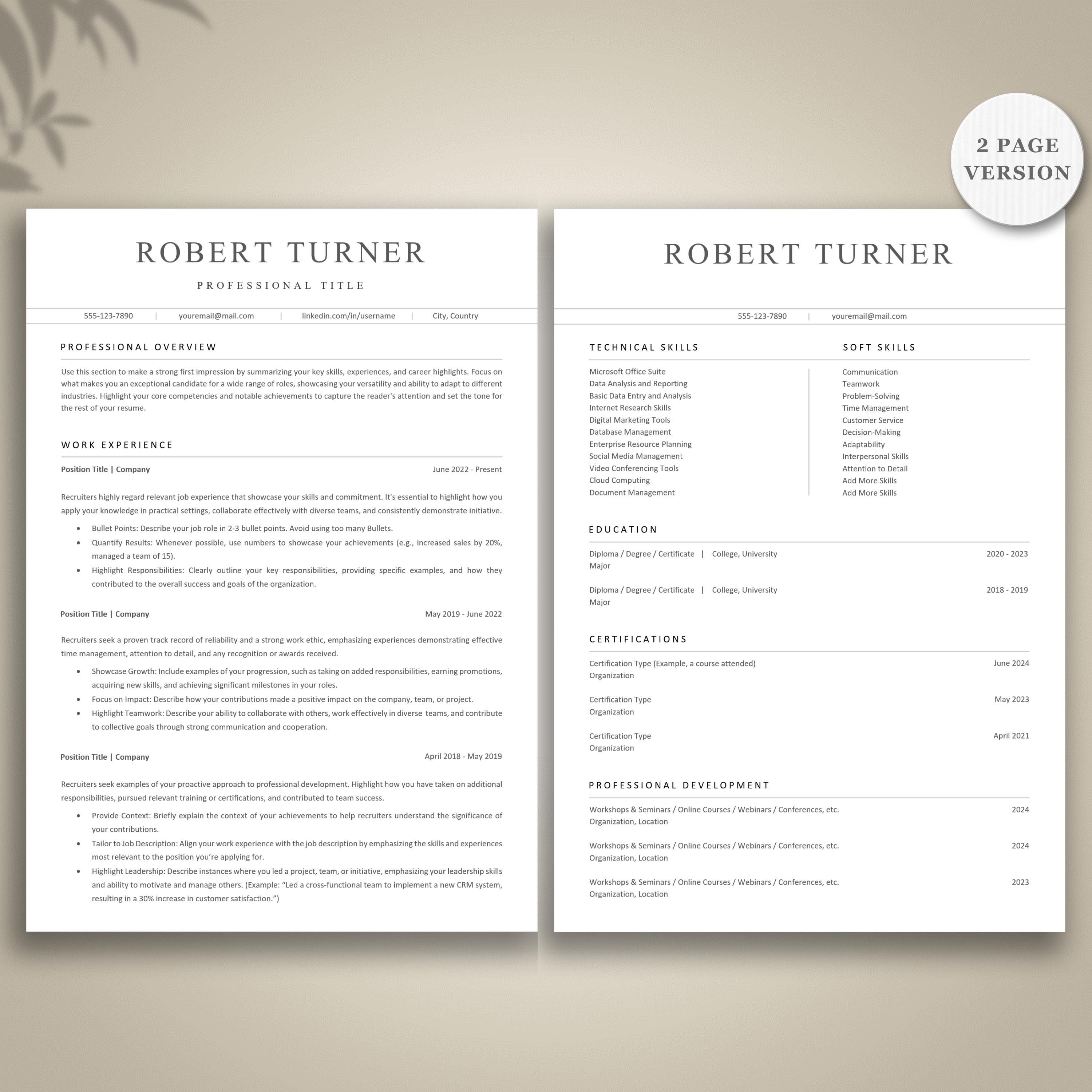 Modern ATS Compliant Resume Template, 2 Page Simplified Design for Word ...