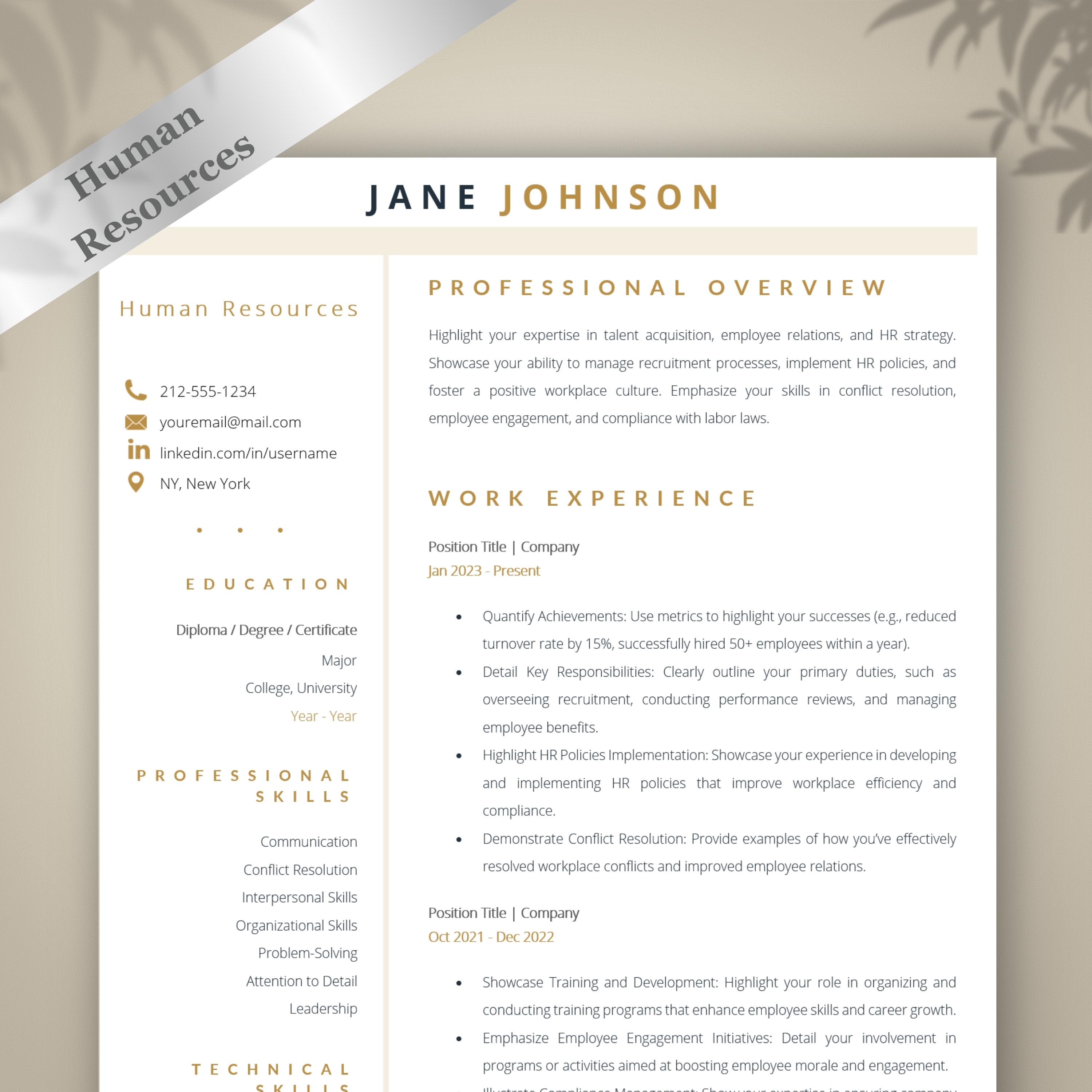 HR Resume Template With Cover Letter, 2-page Editable CV for Word ...