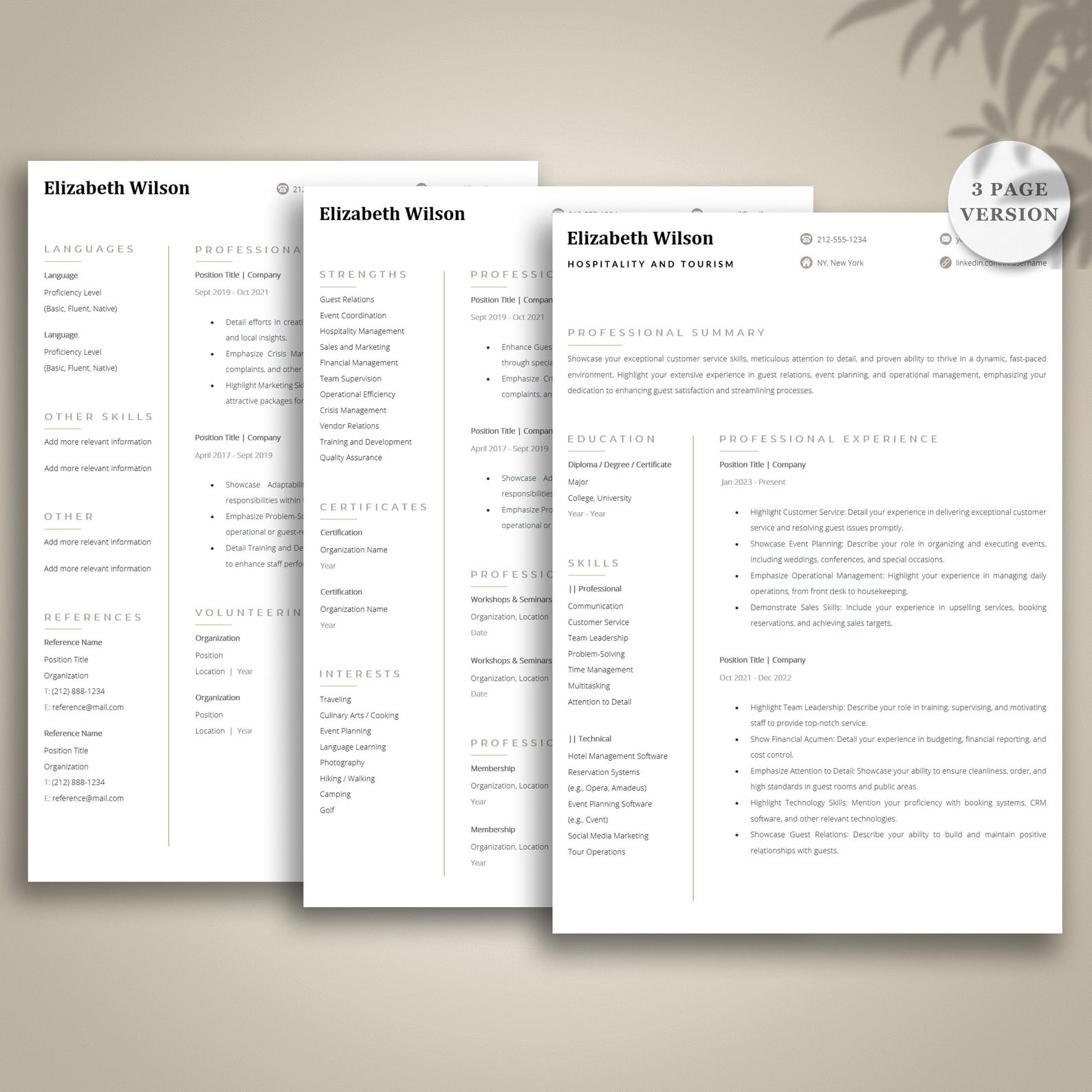 1-3 Page Hospitality Resume Template Word, Editable CV With Cover ...
