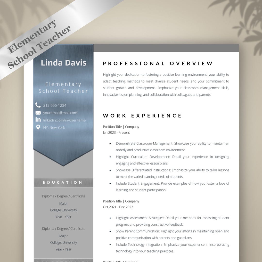 Elementary School Teacher Resume, Professional 2-page CV Template for ...