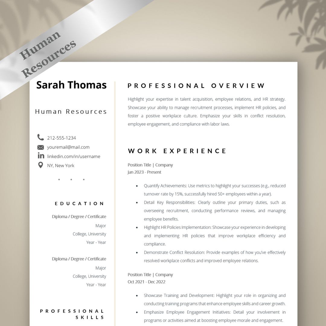 Human Resources Resume Template for Word, Editable CV, 2-page ...