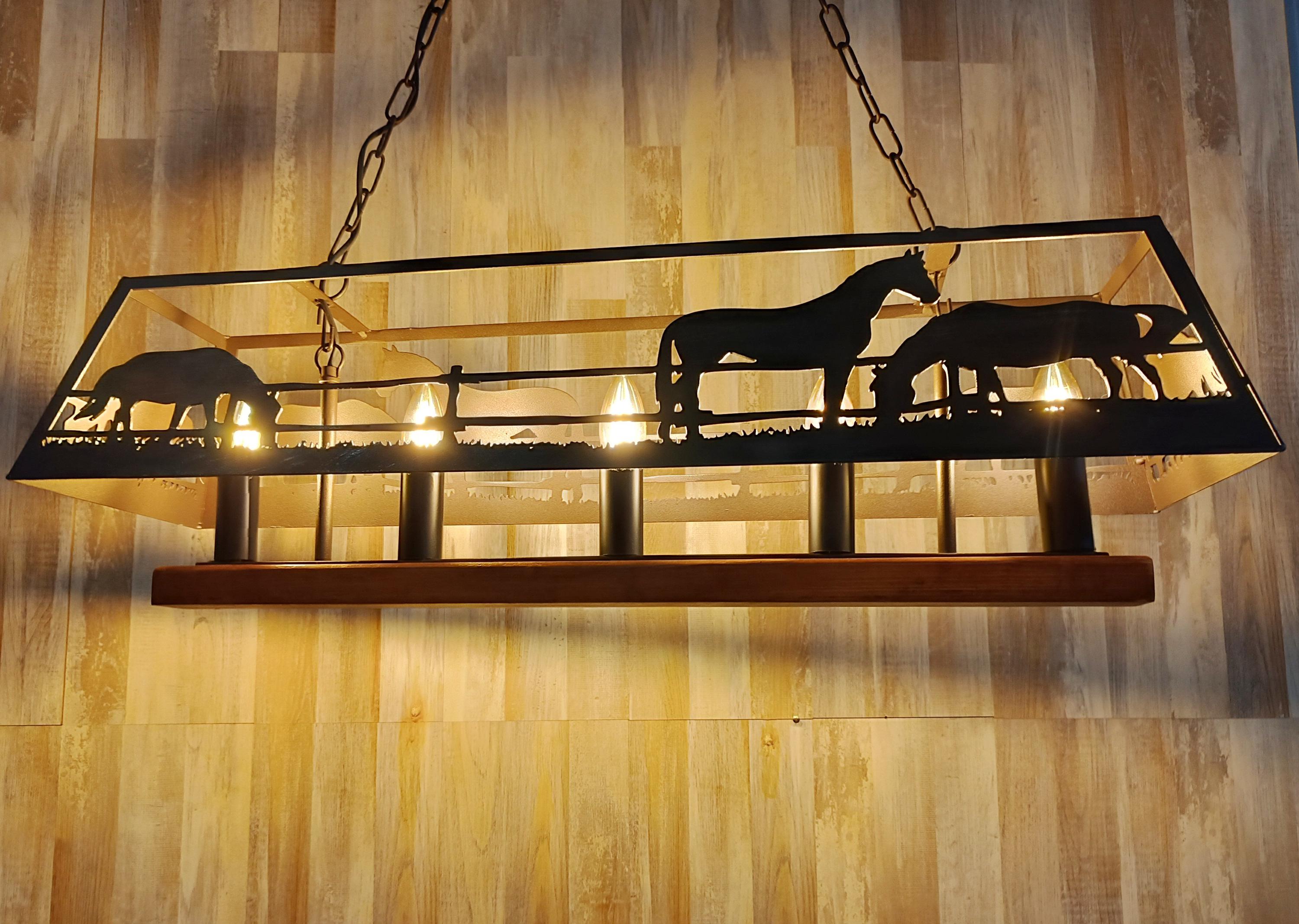 Rustic Chandelier Wild Horses Graze in a Meadow, Five Light Fixture ...