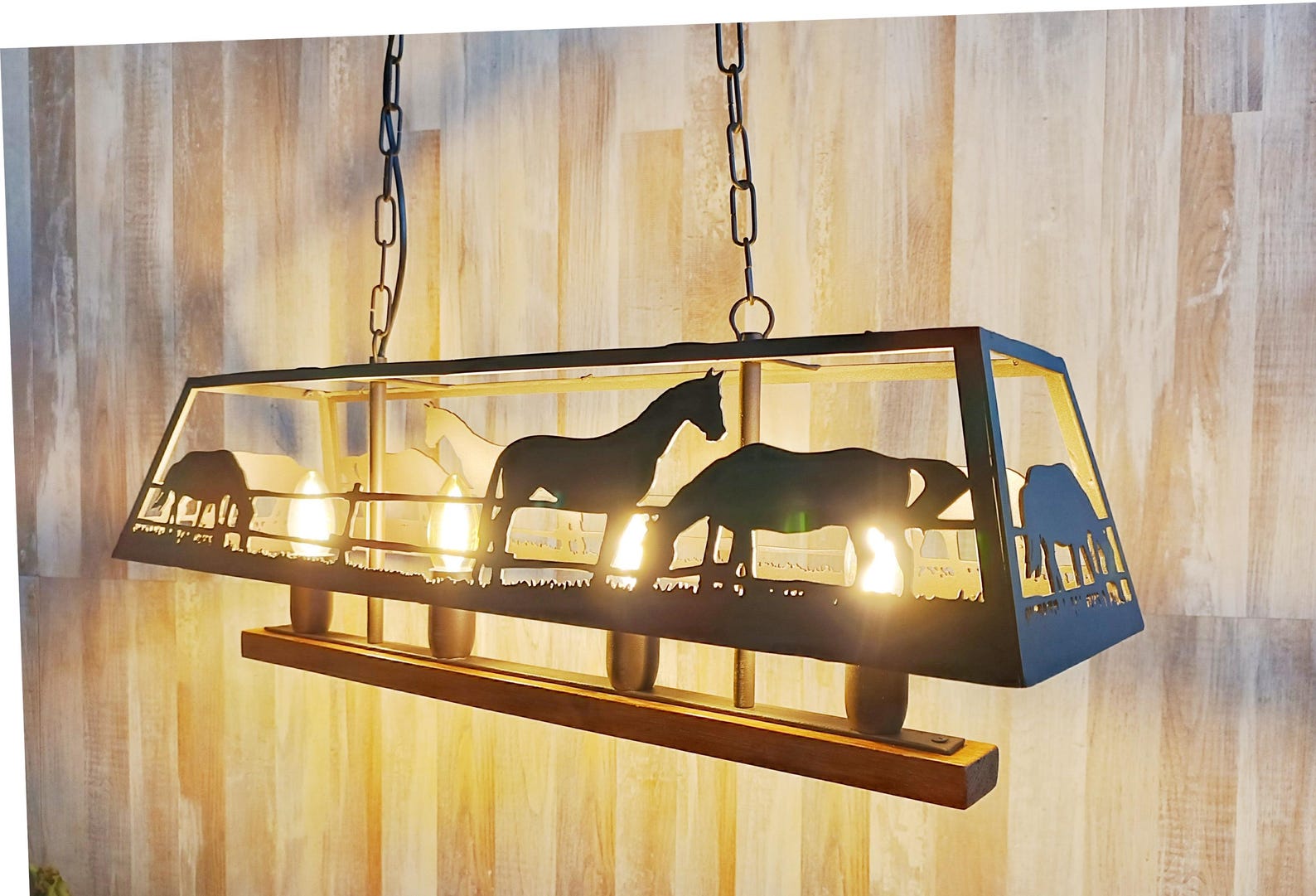 Rustic Chandelier Wild Horses Graze in a Meadow, Four Light Fixture ...