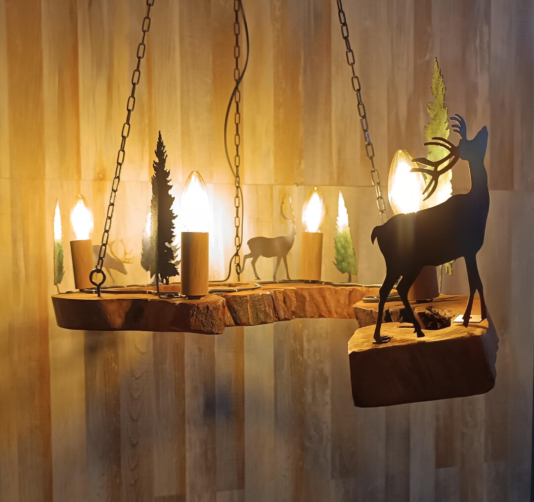 Rustic Live Edge Wood Slice Chandelier: Wildlife Mountain Lighting - Etsy
