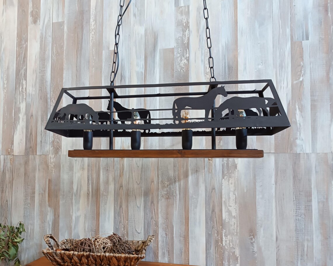 Rustic Chandelier Wild Horses Graze in a Meadow, Four Light Fixture ...