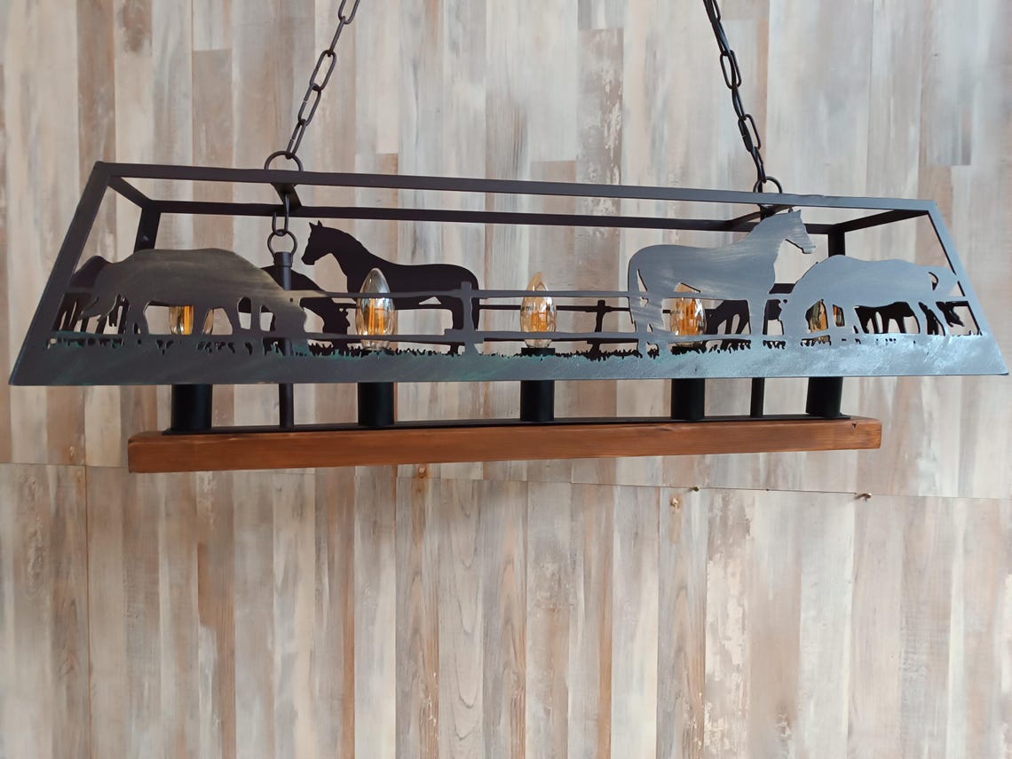 Rustic Chandelier Wild Horses Graze in a Meadow, Five Light Fixture ...