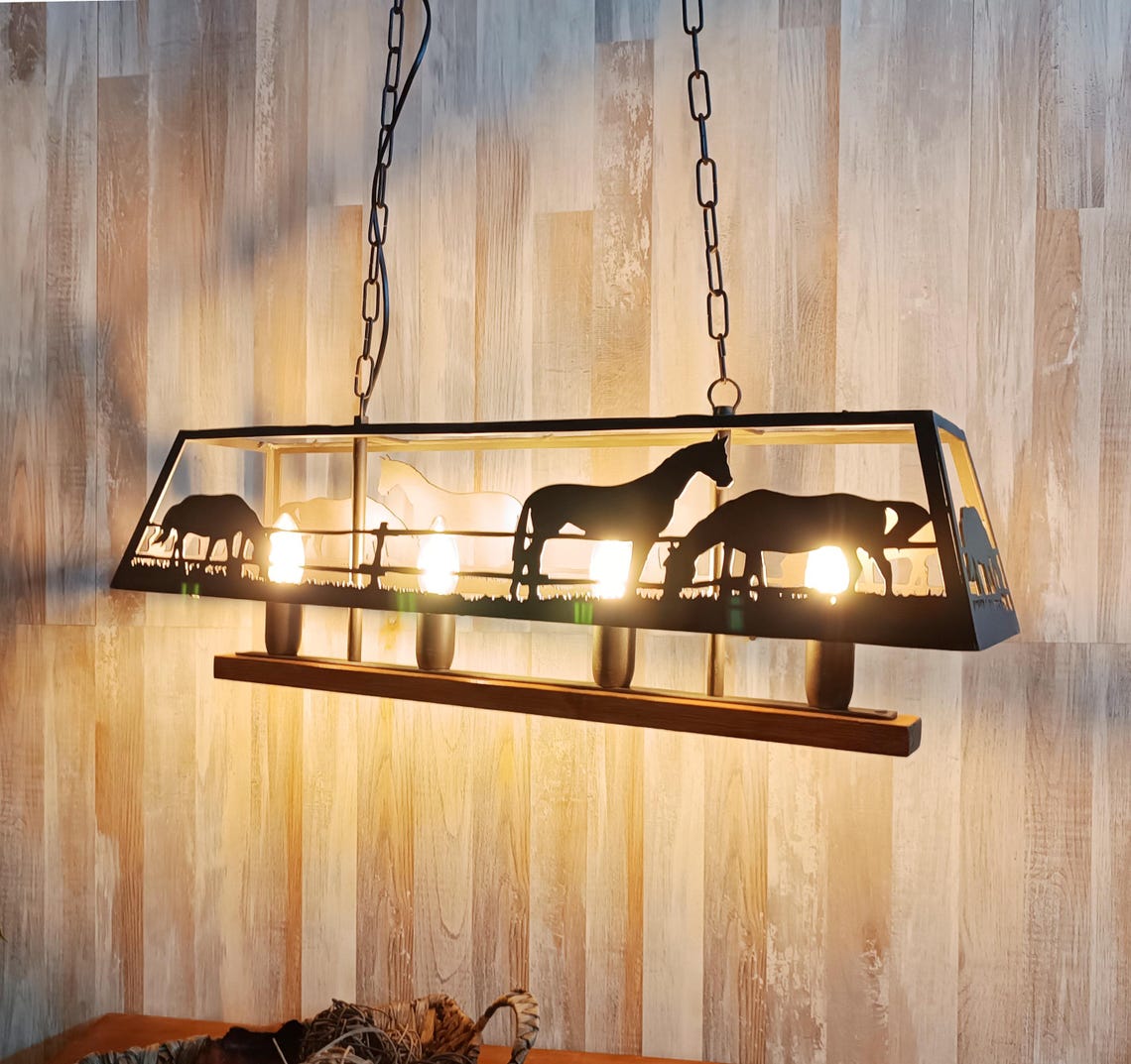 Rustic Chandelier Wild Horses Graze in a Meadow, Four Light Fixture ...