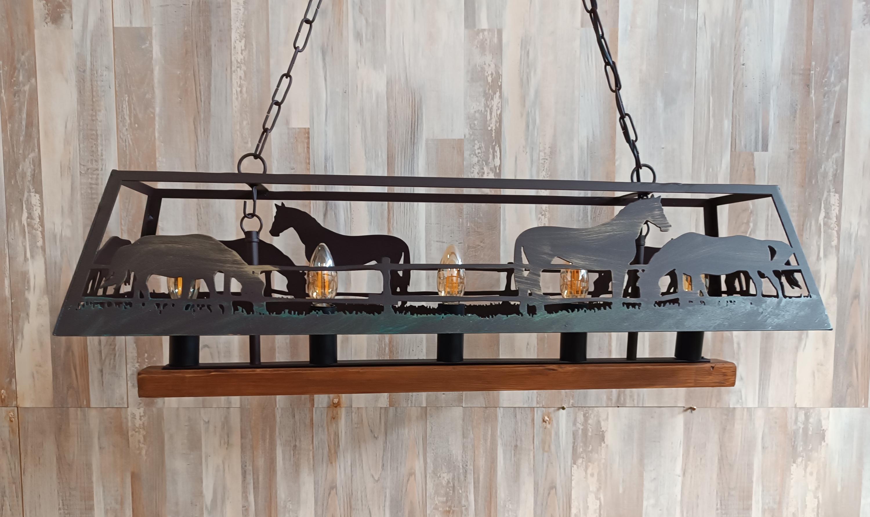 Rustic Chandelier Wild Horses Graze in a Meadow, Five Light Fixture ...