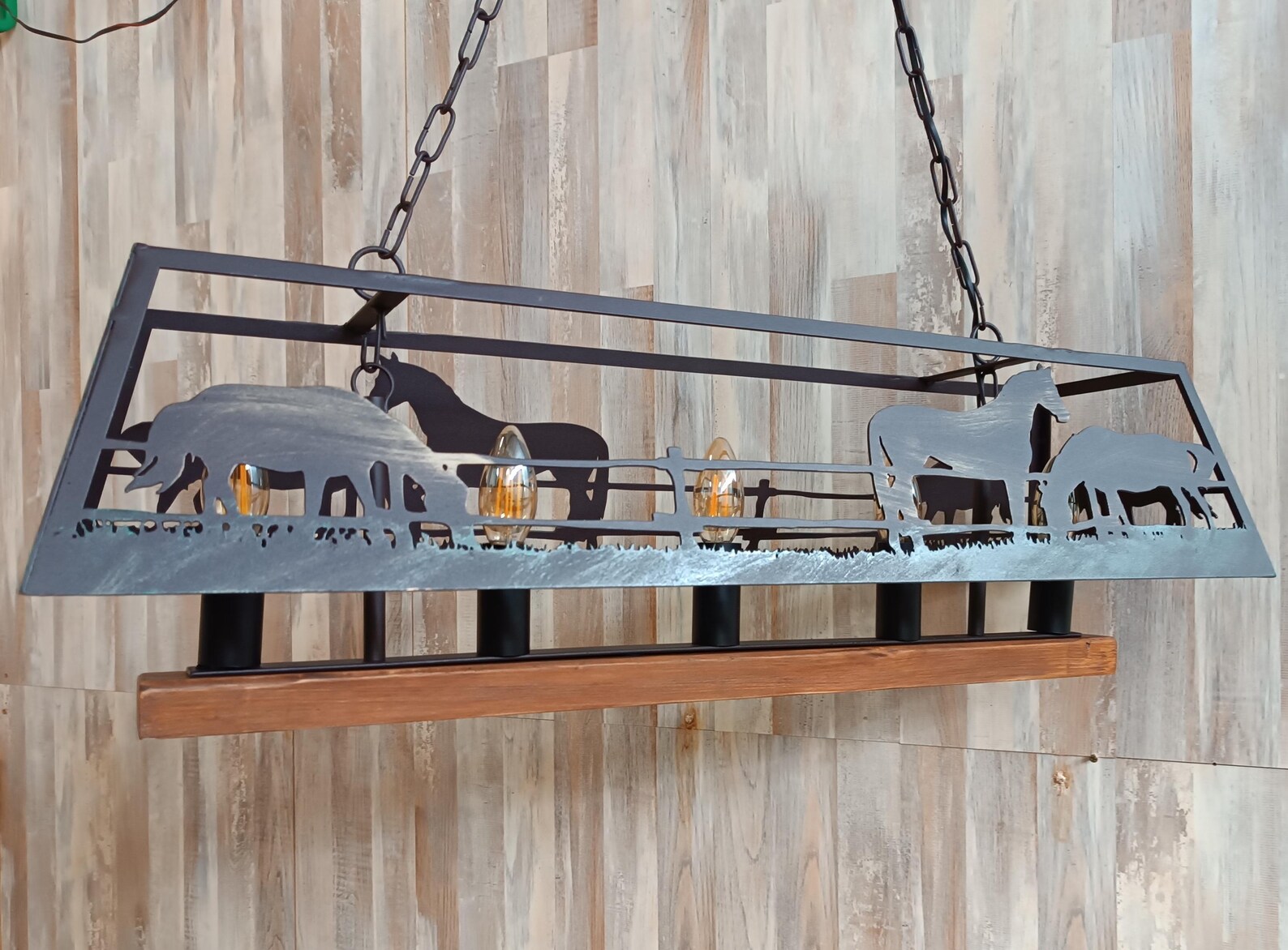 Rustic Chandelier Wild Horses Graze in a Meadow, Five Light Fixture ...