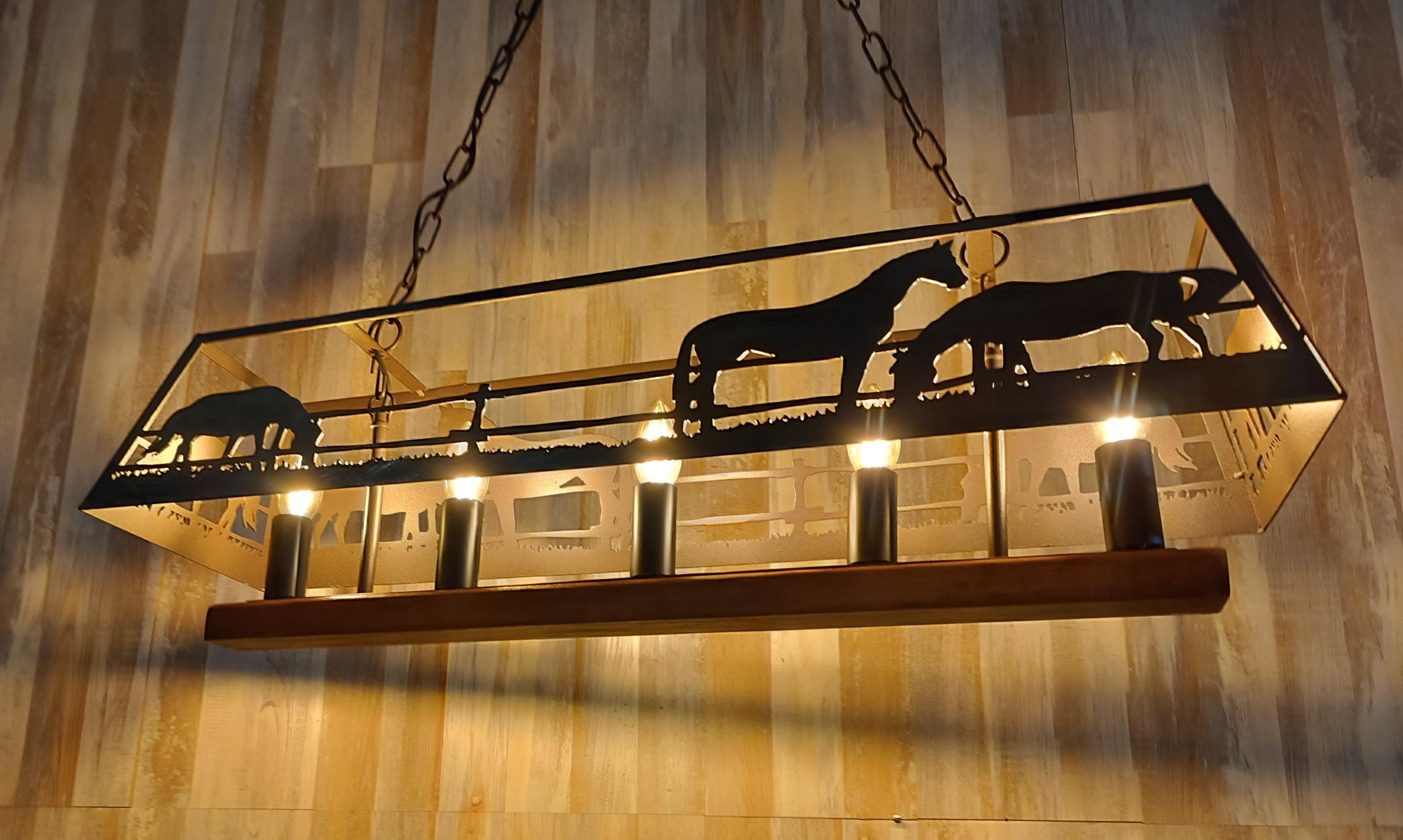 Rustic Chandelier Wild Horses Graze in a Meadow, Five Light Fixture ...