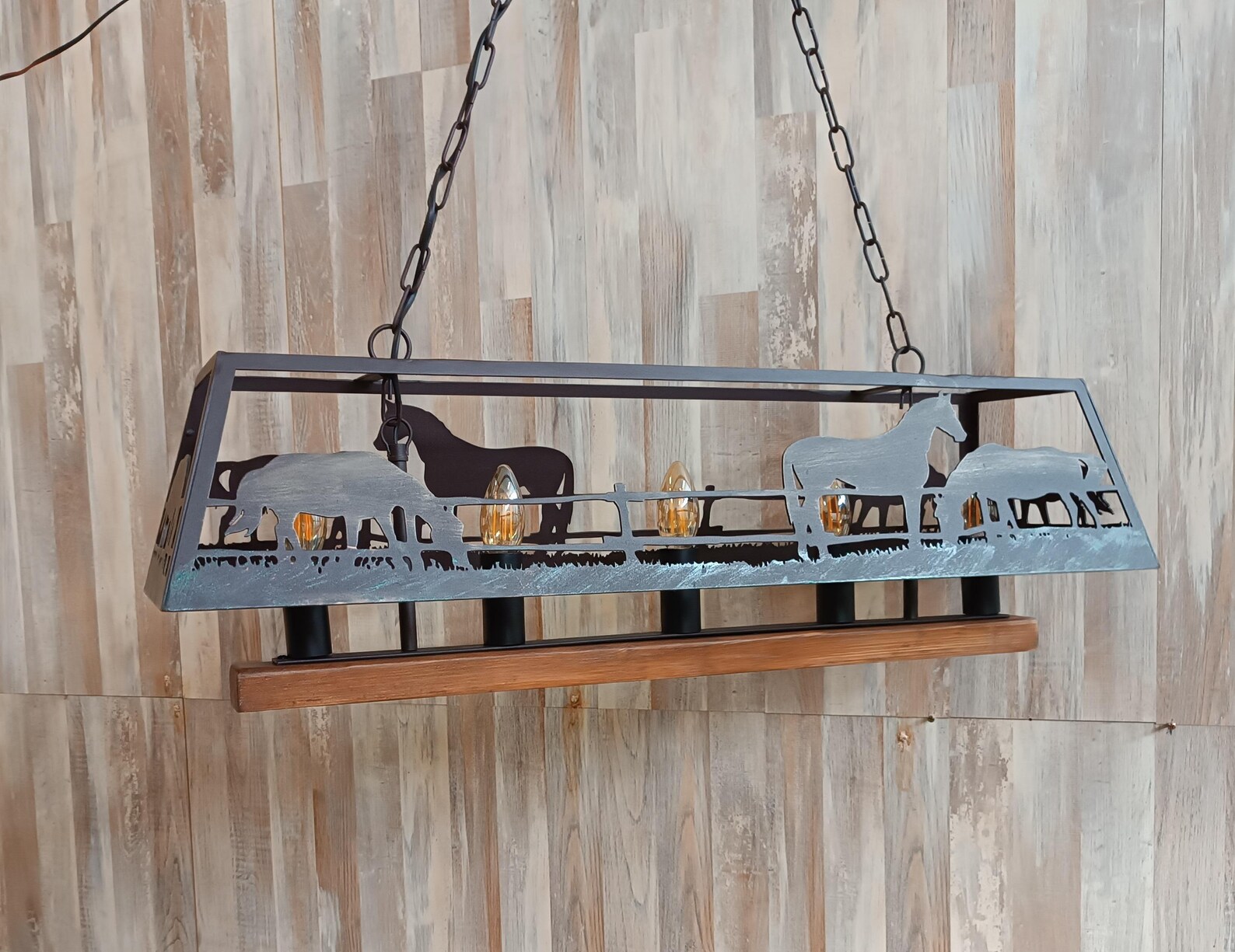 Rustic Chandelier Wild Horses Graze in a Meadow, Five Light Fixture ...