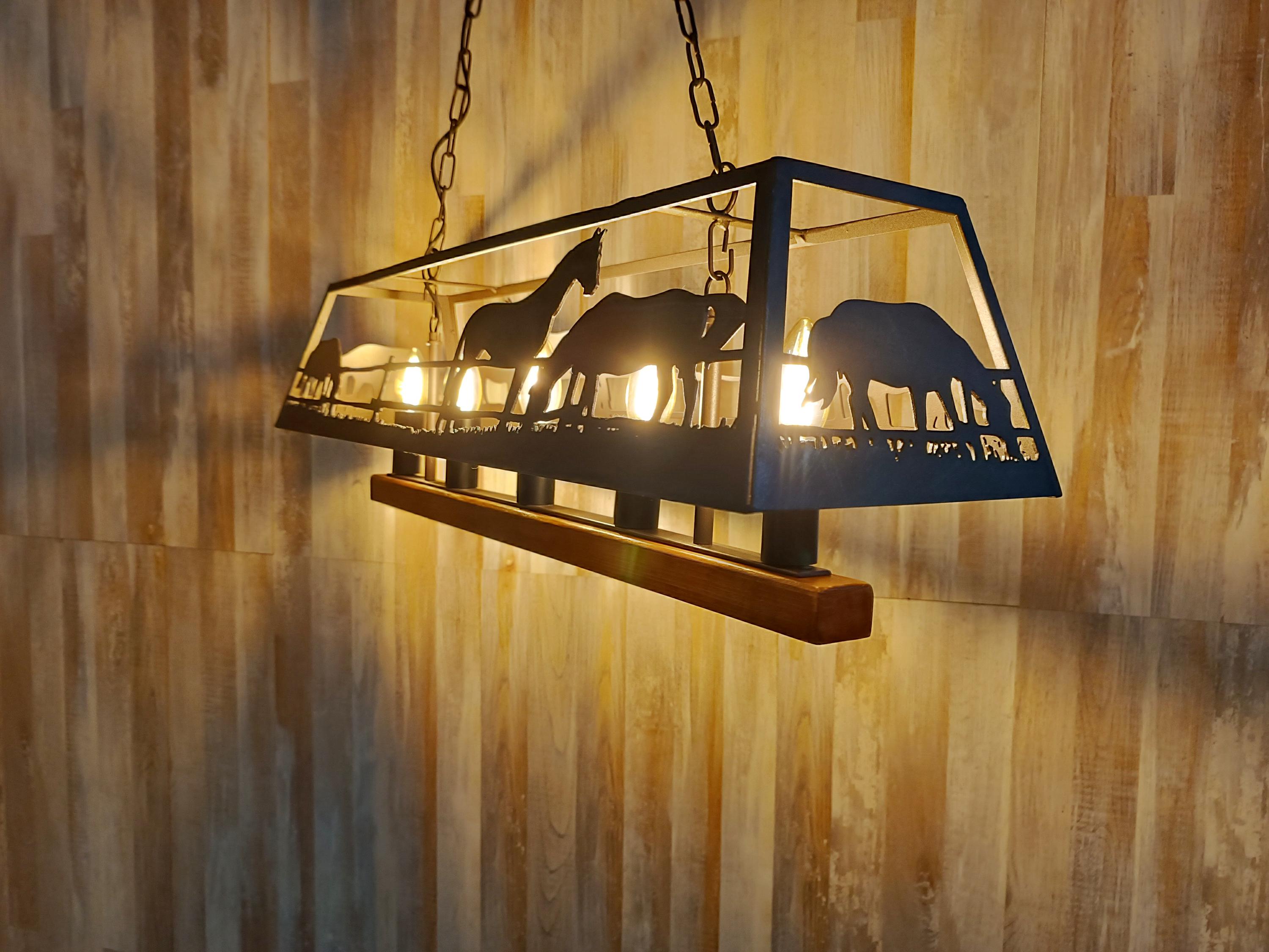 Rustic Chandelier Wild Horses Graze in a Meadow, Five Light Fixture ...
