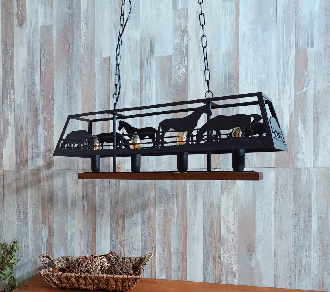 Rustic Chandelier Wild Horses Graze in a Meadow, Four Light Fixture ...