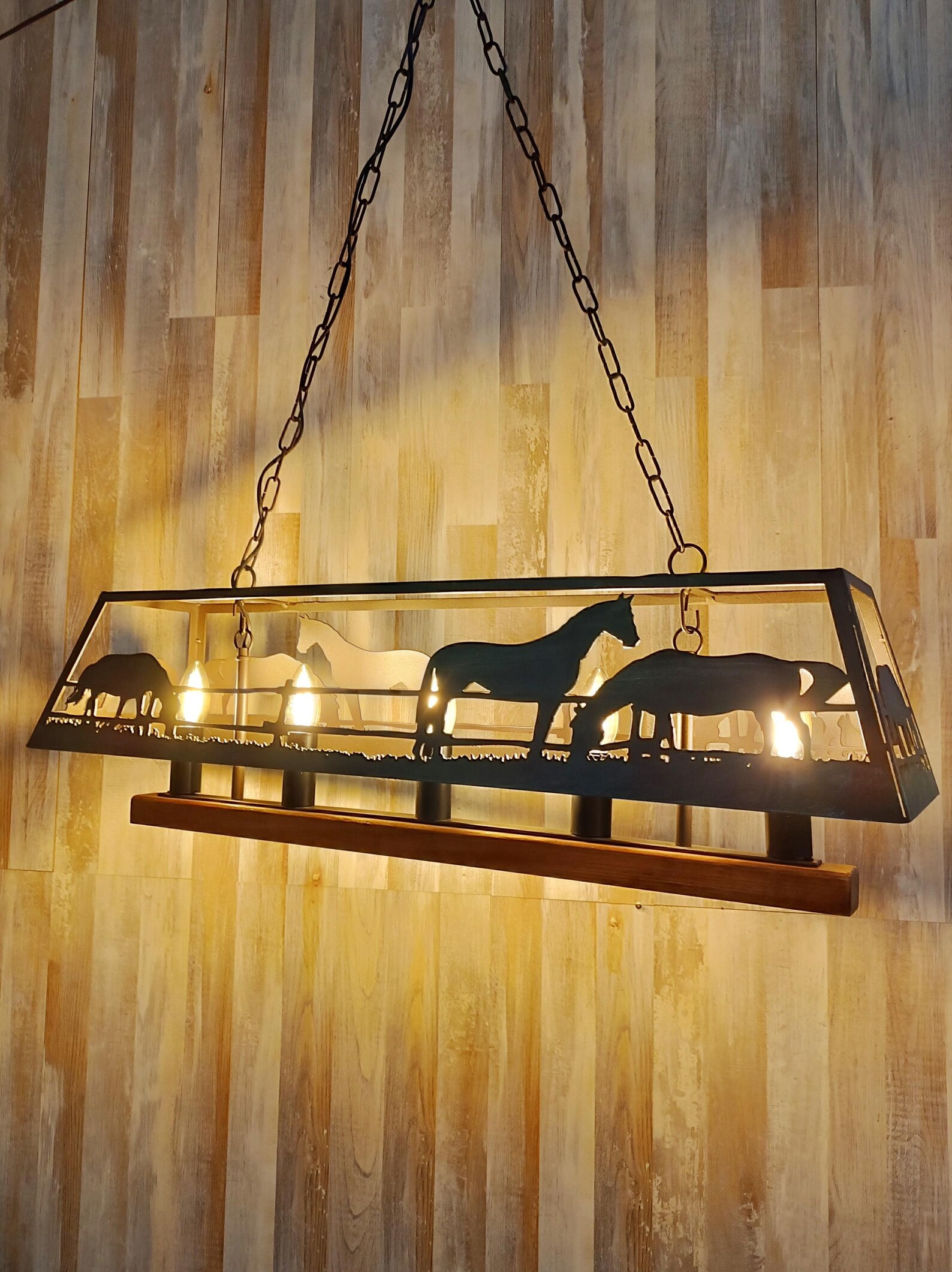 Rustic Chandelier Wild Horses Graze in a Meadow, Five Light Fixture ...