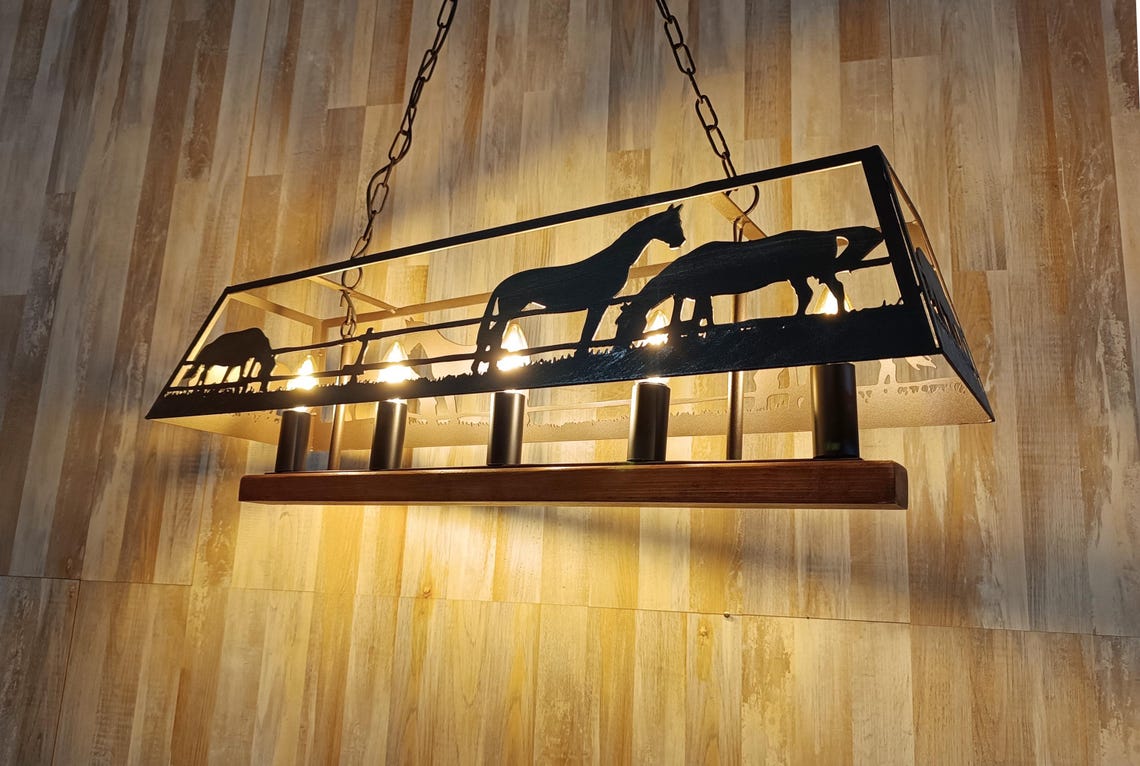 Rustic Chandelier Wild Horses Graze in a Meadow, Five Light Fixture ...