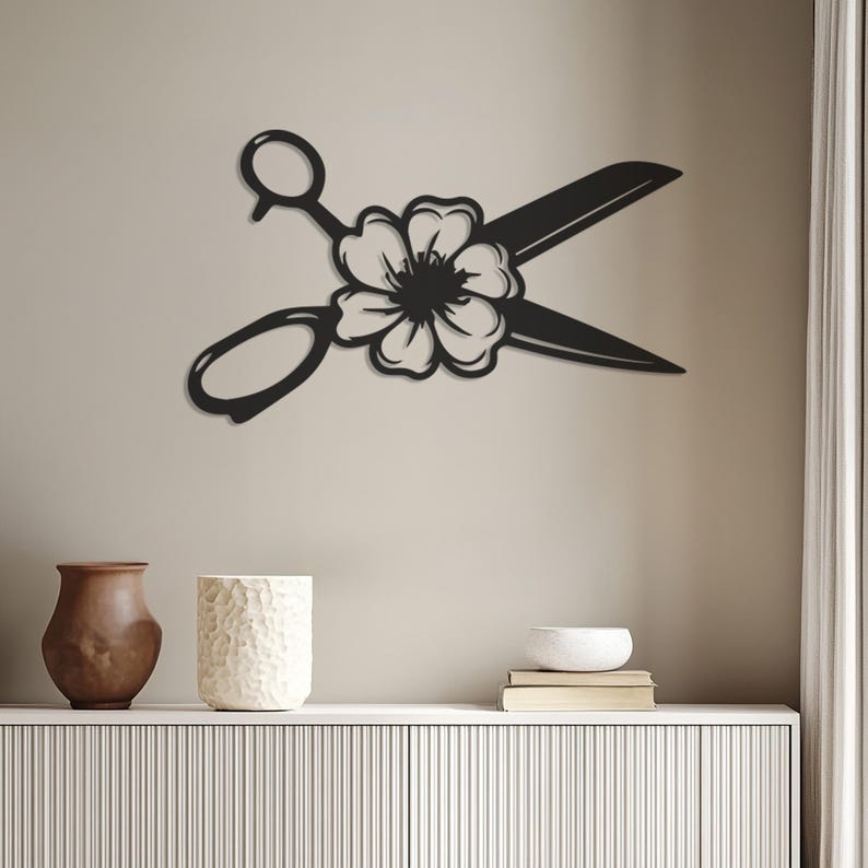 Scissor and Flower Metal Wall Art, Hairdresser Salon Decor, Modern ...