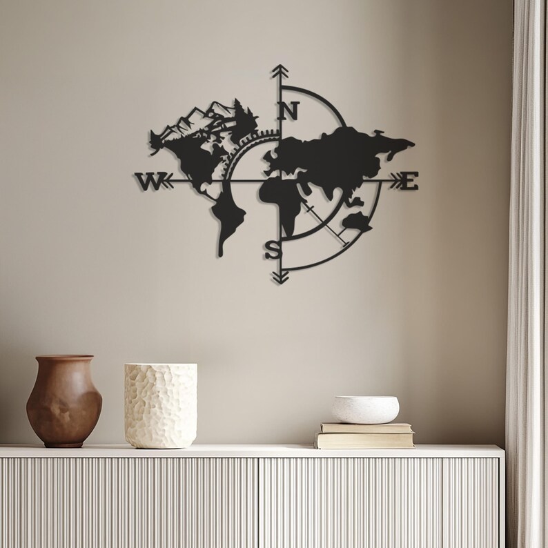 World Map Compass Metal Wall Art, Black Travel Wall Decor, Adventure ...