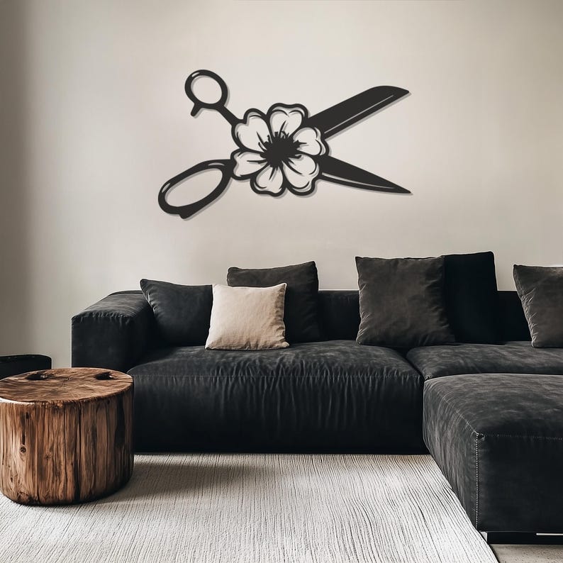 Scissor and Flower Metal Wall Art, Hairdresser Salon Decor, Modern ...