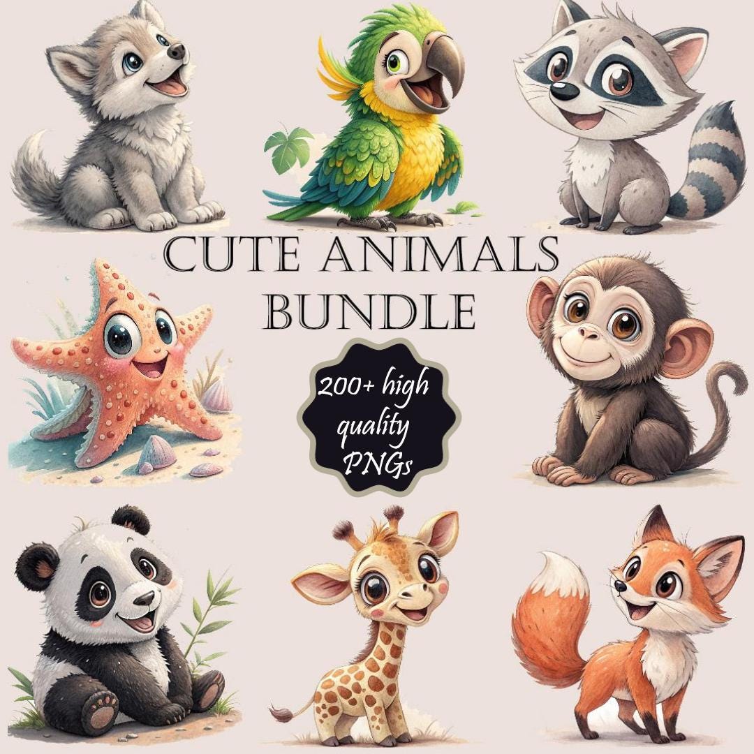 Watercolor Cute Animals PNG Clipart, Cute Animal Bundle, Cute PNG ...