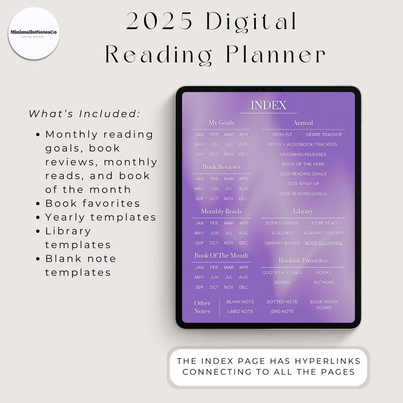 2025 Reading Journal Digital Reading Journal Hyperlinked Book Log and ...