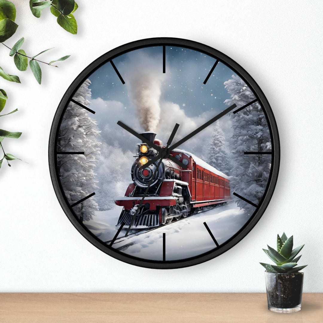 Train Lover Gift, Snowy Locomotive Gift, Red Train Wall Clock, Trains ...
