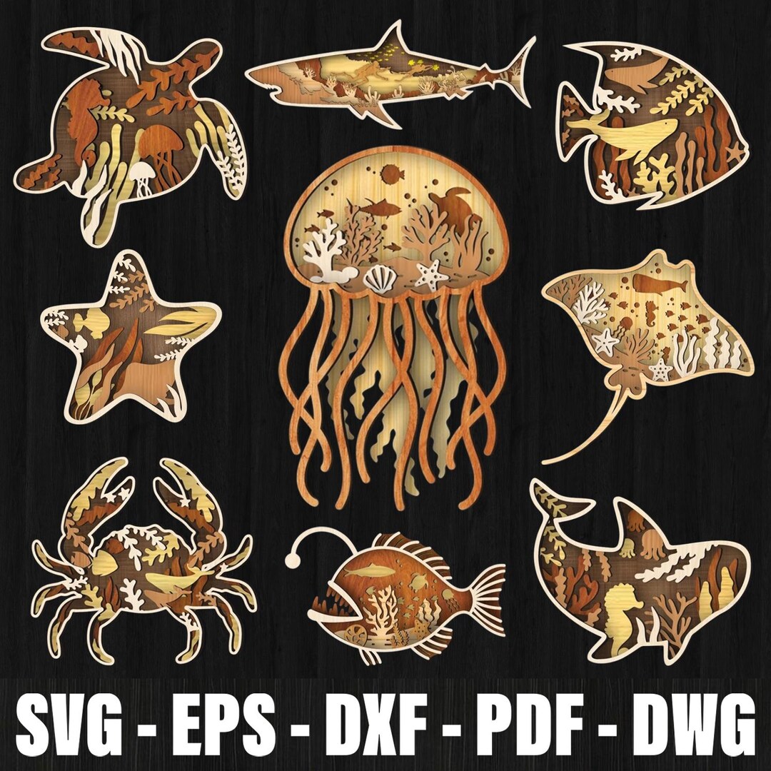 Ocean Sea Animals Svg Bundle Laser Cut Files, Layered Marine Creatures ...