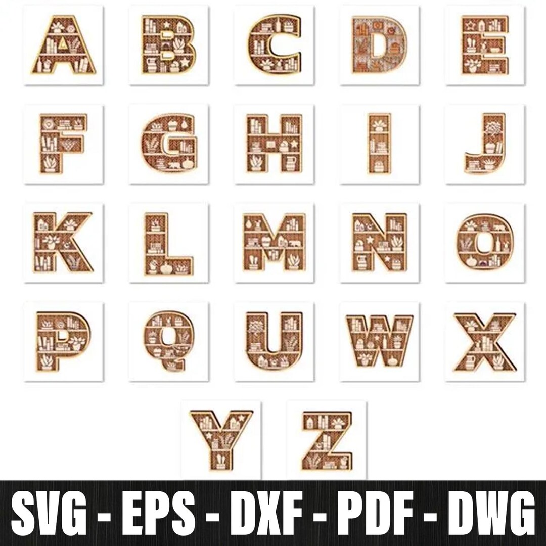 Alphabet Shelf Decor Books Svg Laser Cut, Home Decor Letters Monograms ...