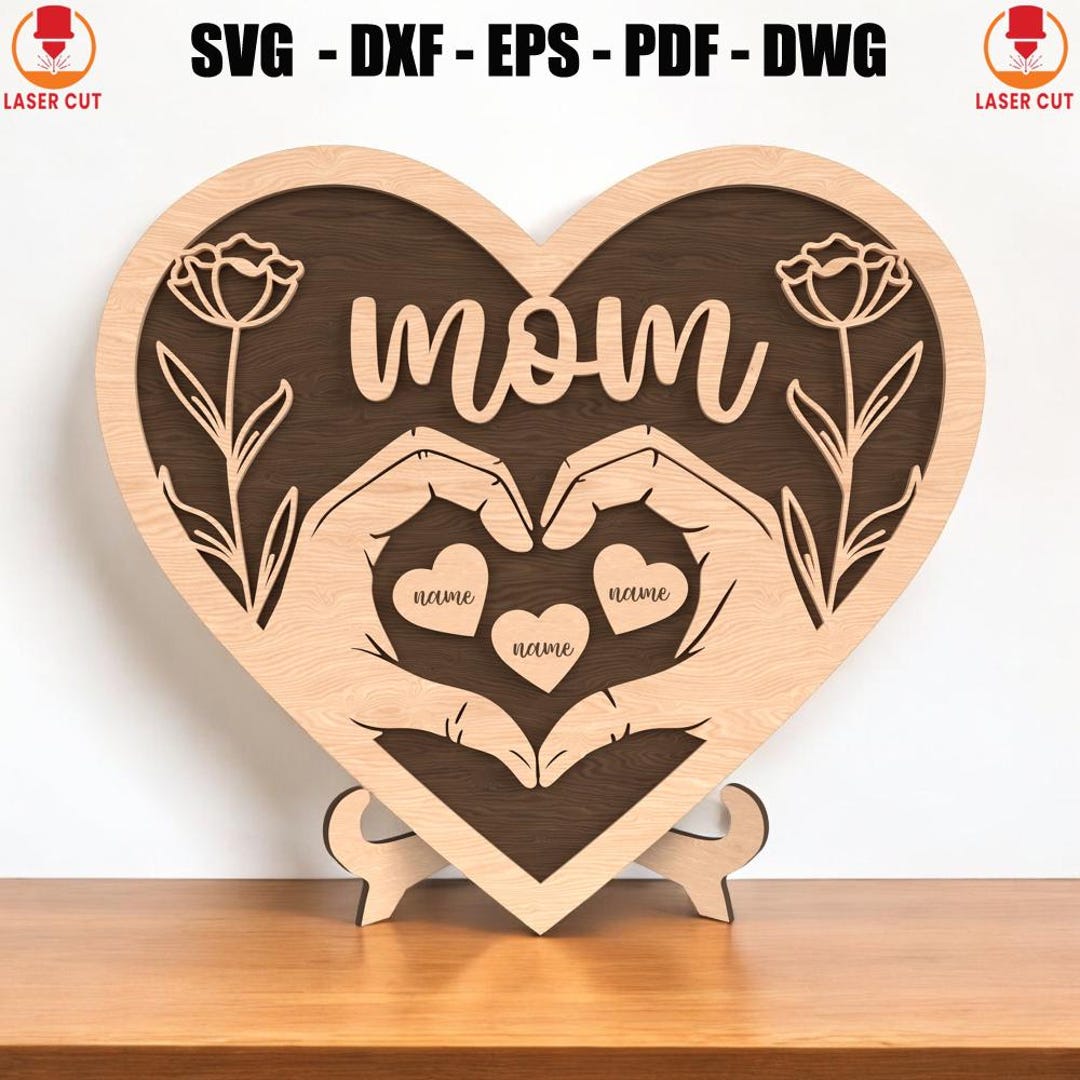 Mom Heart Hands With Kids' Names Svg Laser Cut, Love Mom Puzzle Sign ...