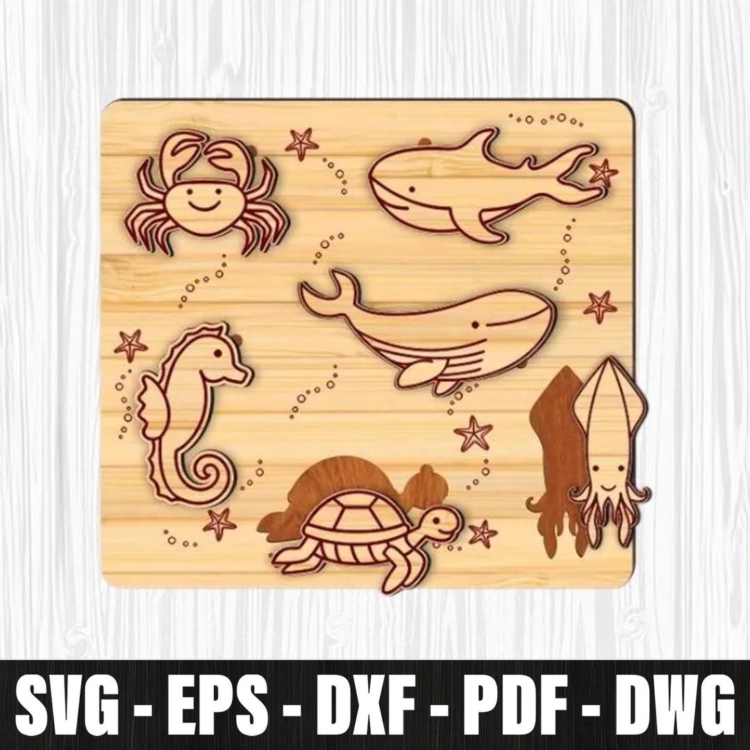 Sea Creatures Puzzle, Laser Cut Wooden Marine Animals (svg, Pdf, Eps ...