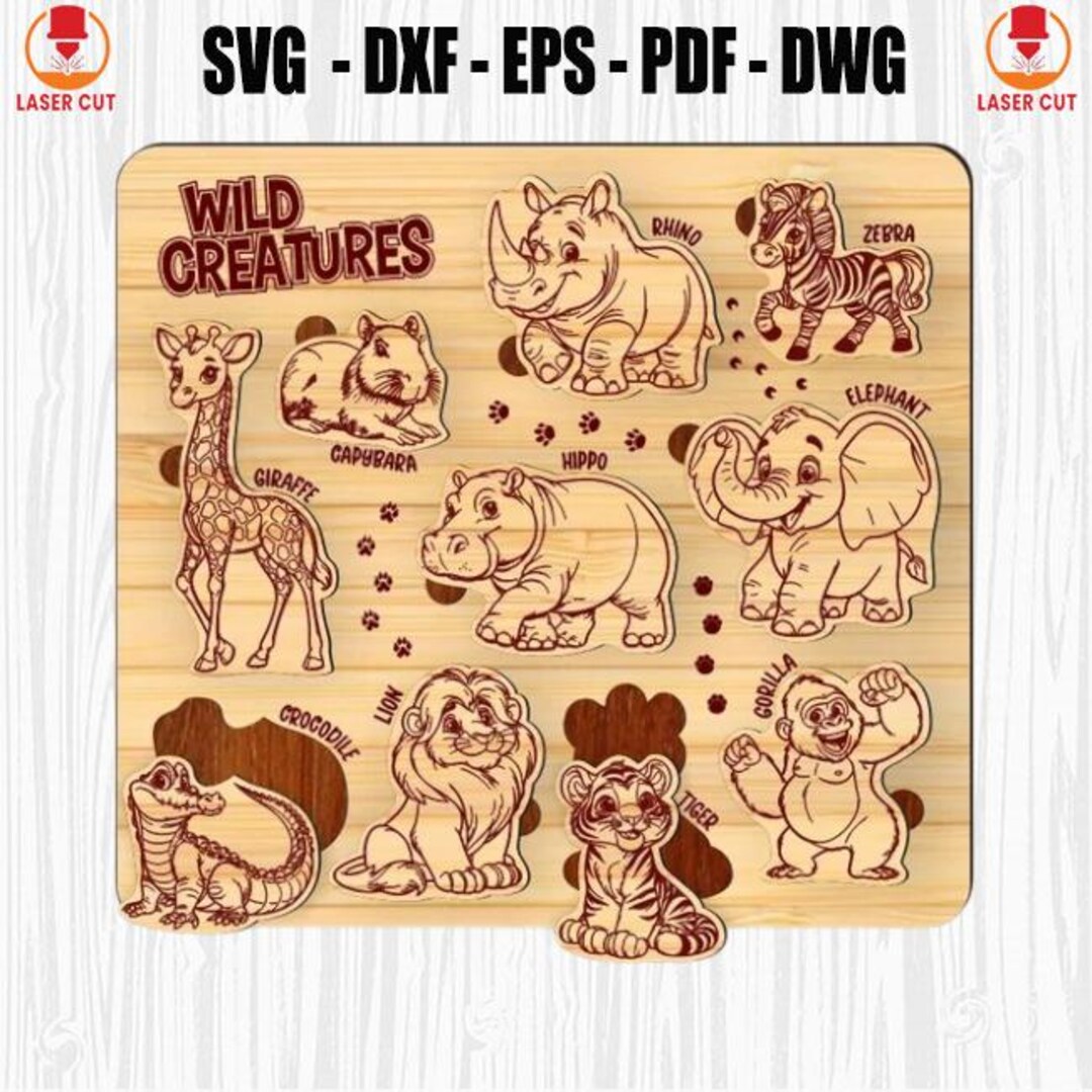 Wild Creatures Puzzle Laser Cut, Safari Animal Puzzle Laser Cut, Wooden ...