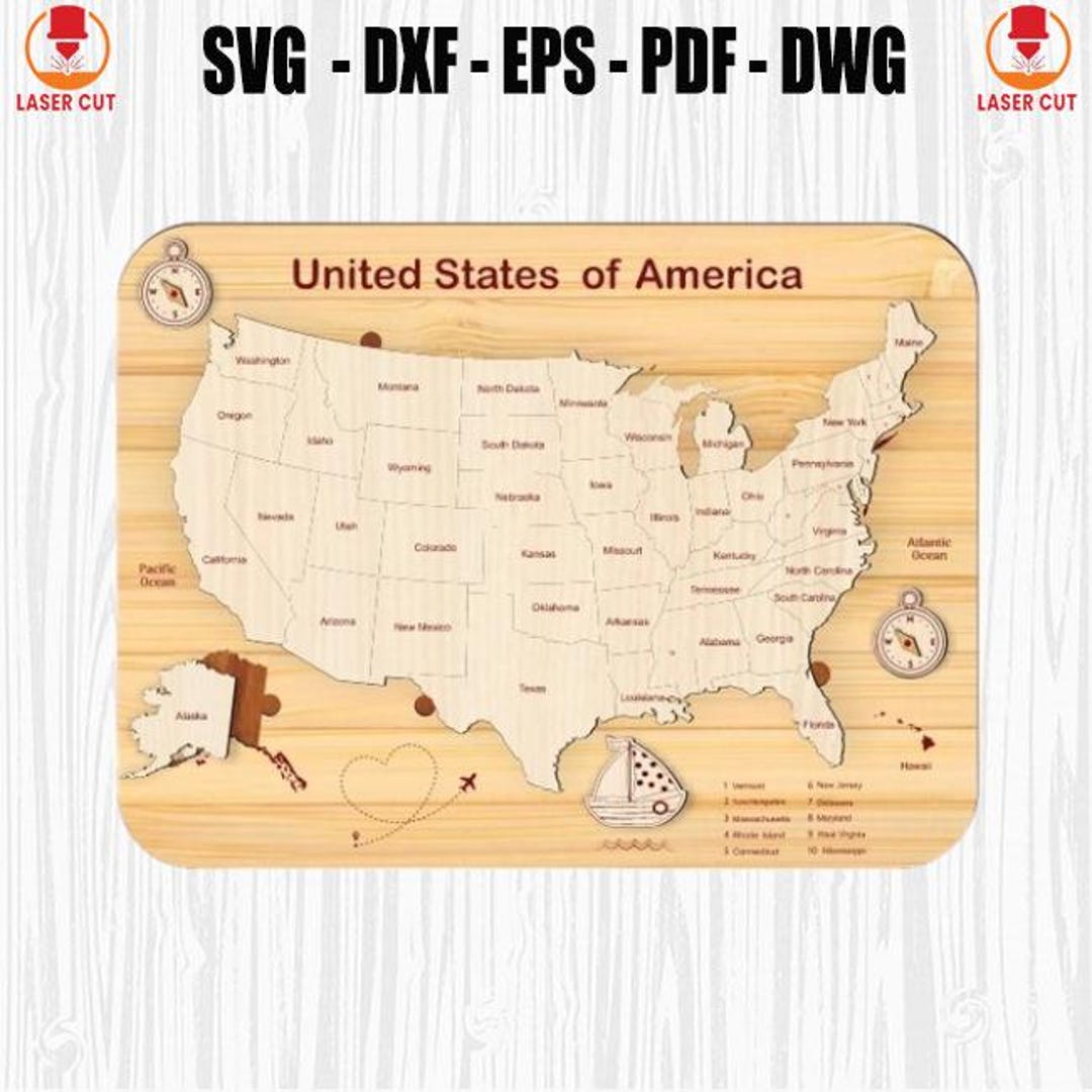 United States of America USA Map Laser Cutting, Engraiving Map Puzzle ...