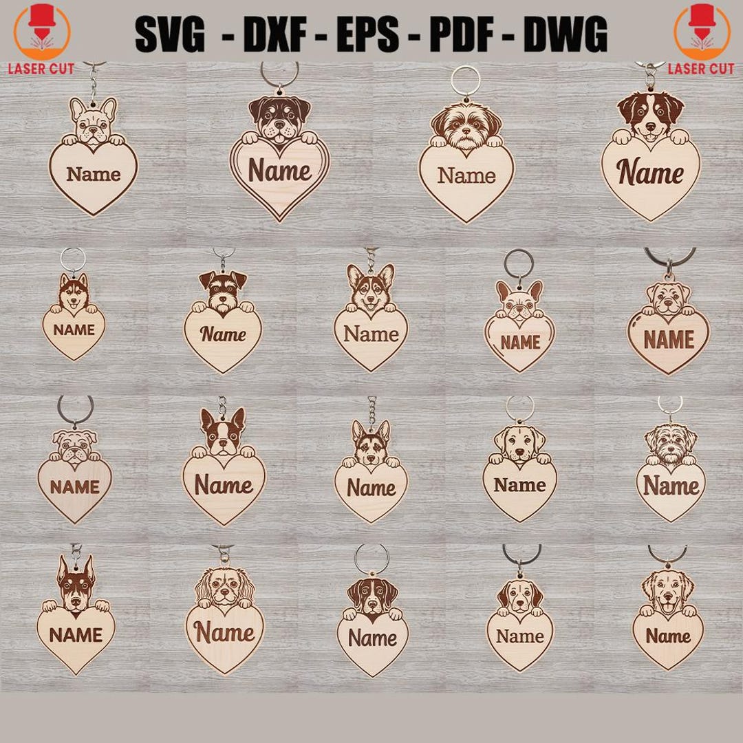 Dog Name Tag Svg Bundle Laser Cut, Laser Cut Dog Keychain and Ornament ...