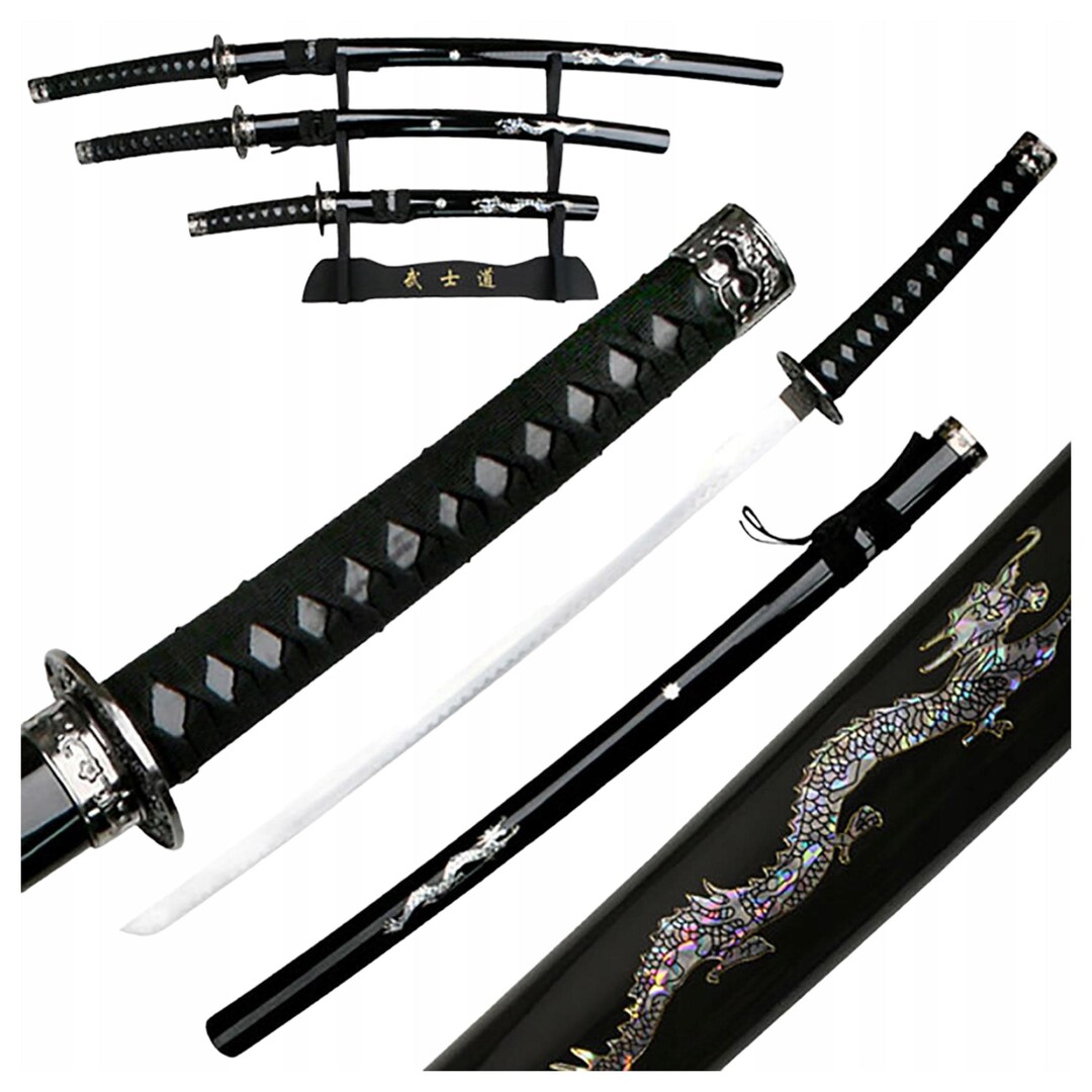 Set of 3 Black Samurai Swords With Stand Katana, Wakizashi, Tanto JS ...