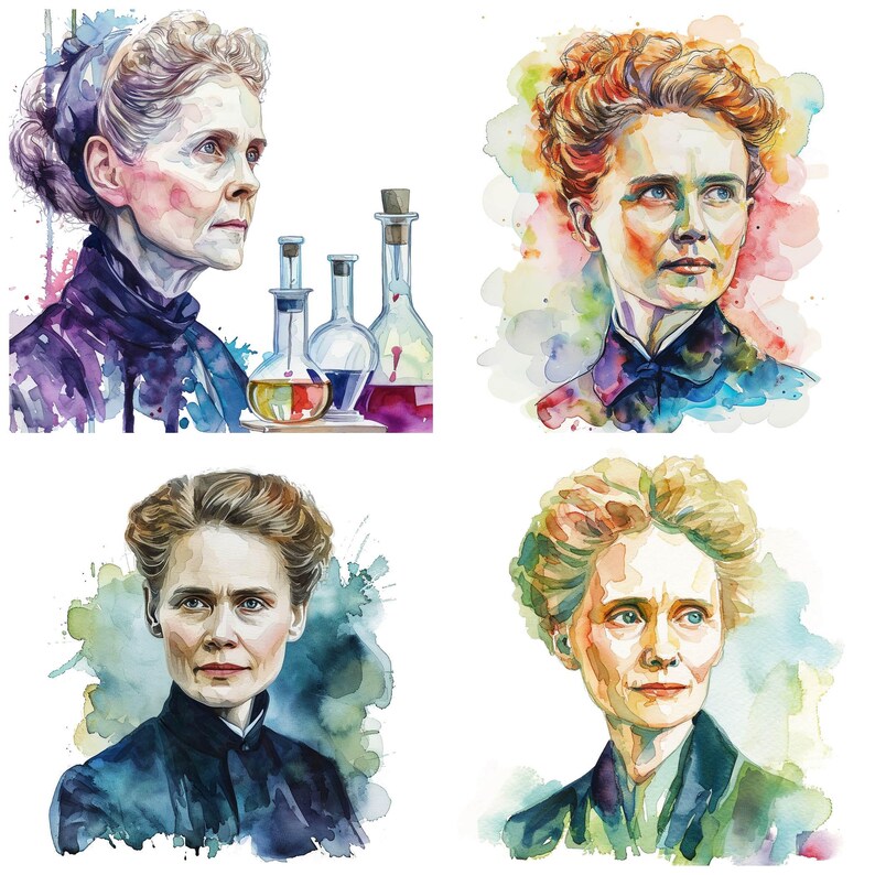 30 Marie Curie JPG Clipart Bundle, Watercolor Science Icon Curie ...