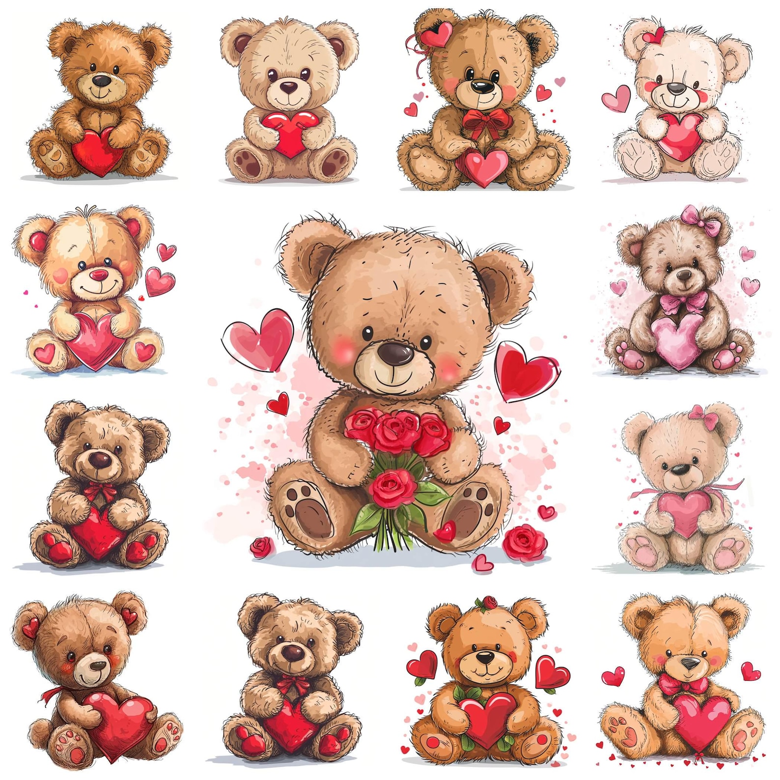 25 Valentine Day Teddy Bear PNG Clipart Bundle, Watercolor Teddy Bear ...