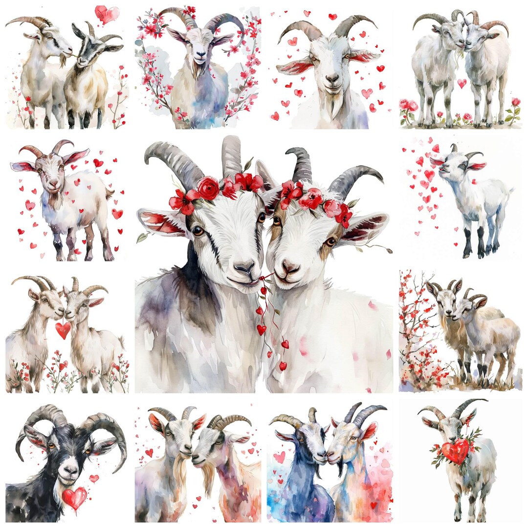 30 Valentines Day Goat JPG Clipart Bundle, Watercolor Goat Lover ...