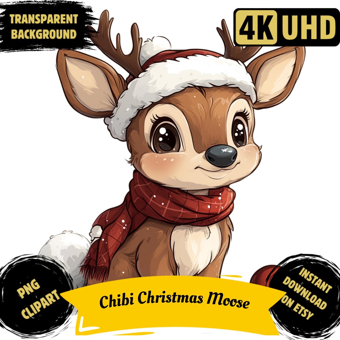 Chibi Christmas Moose PNG Clipart Bundle, Whimsical Xmas Animal ...