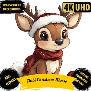 Chibi Christmas Moose PNG Clipart Bundle, Whimsical Xmas Animal ...